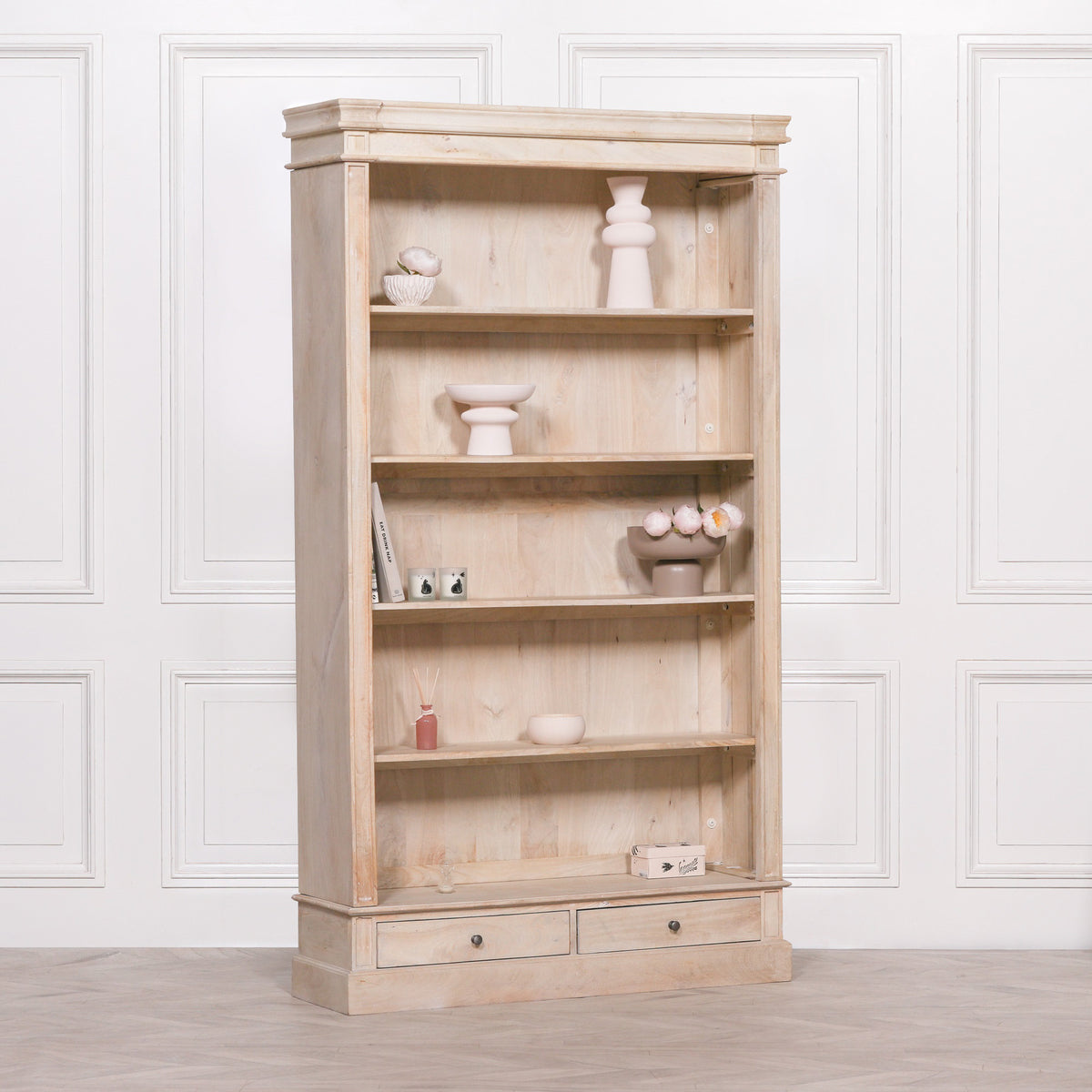 Blanche Wooden Rustic Single Open Bookcase with Drawers — Cheshire ...
