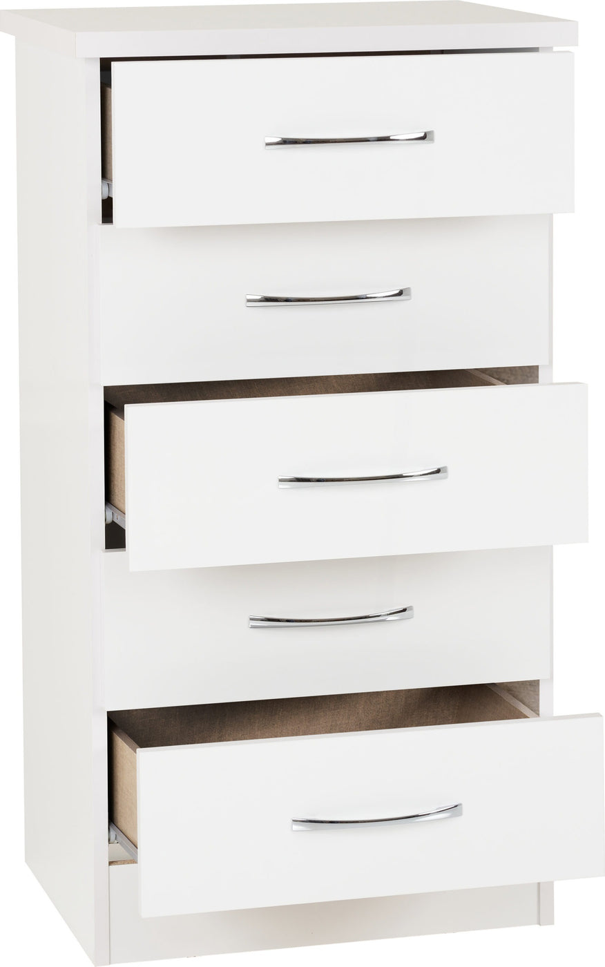 Nevada 5 Drawer Narrow Chest – White Gloss — Cheshire Furniture Outlet
